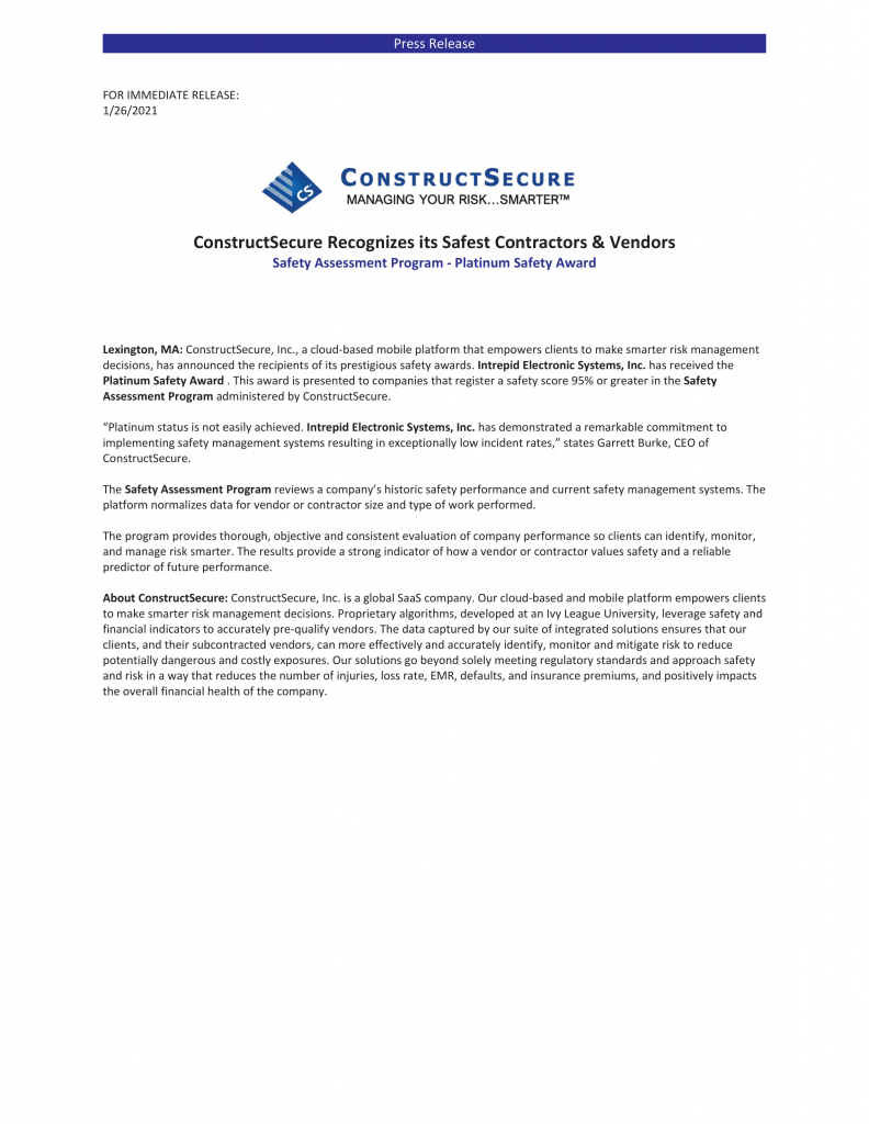 ConstructSecure's Platinum Safety Award - Intrepid Electronic Systems, Inc.
