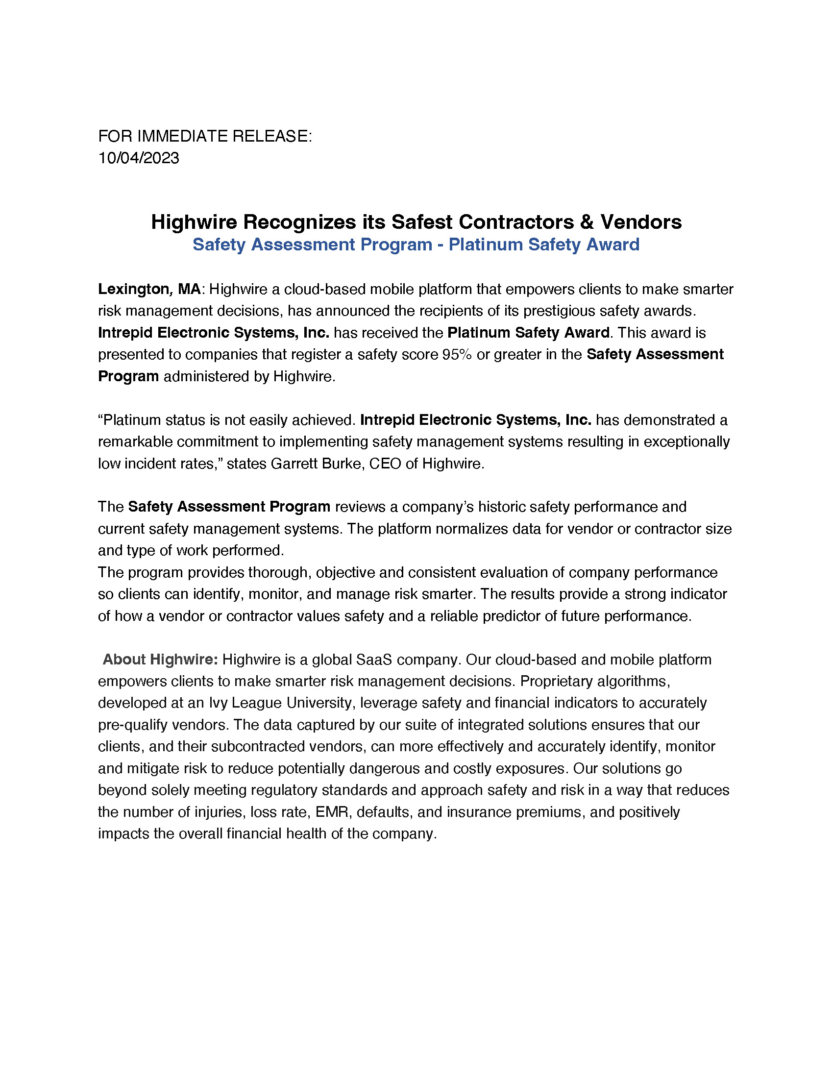 Platinum Safety Award 2023 - Intrepid Electronic Systems, Inc.